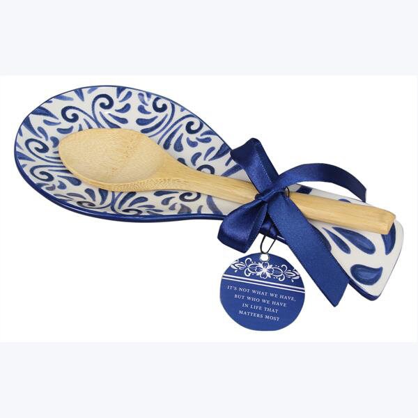Ceramic Blue and White Talavera Spoon Rest With Bamboo Spoon and Tea ...