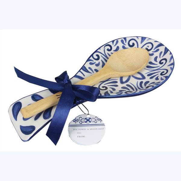 Ceramic Blue and White Talavera Spoon Rest With Bamboo Spoon and Tea ...