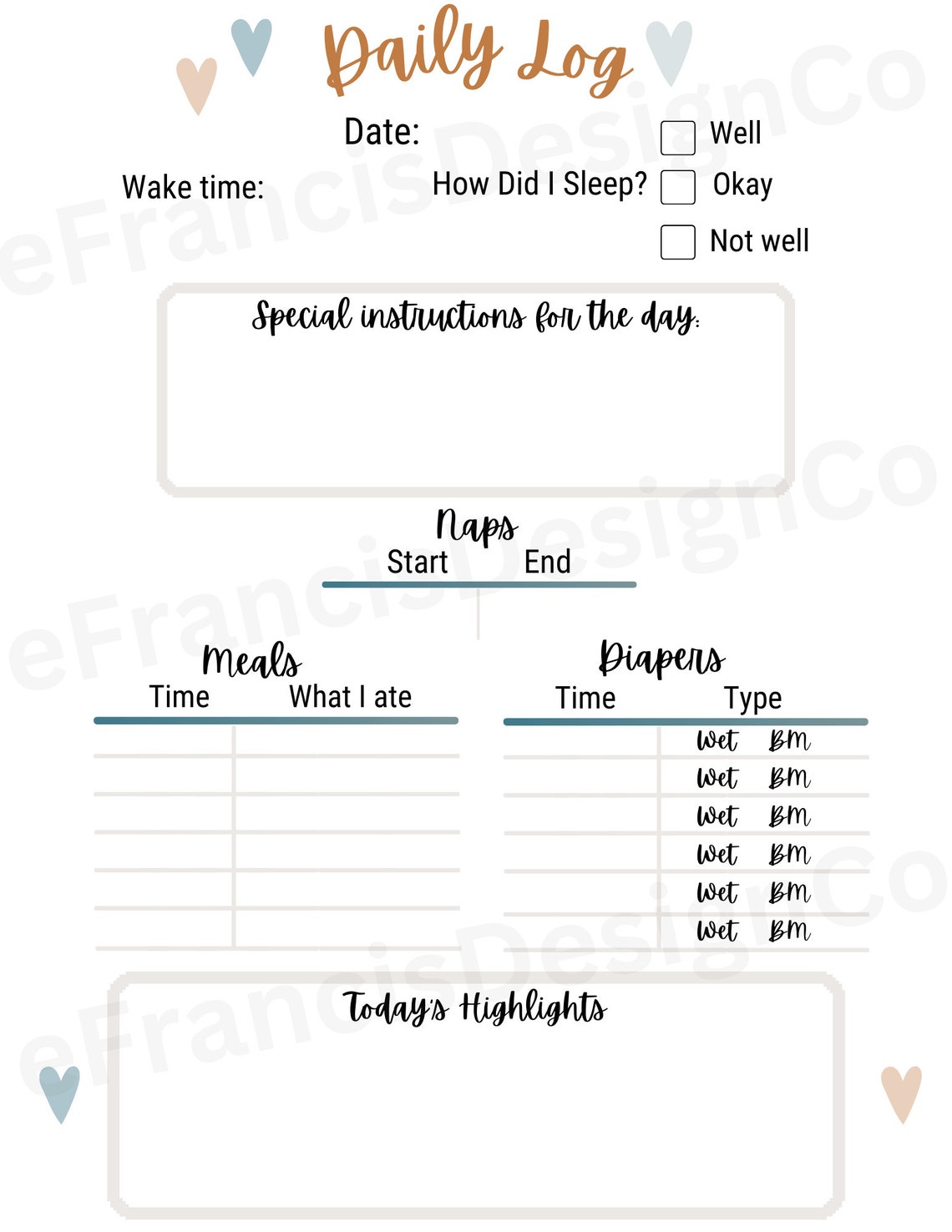 Daily Childcare Log - Etsy