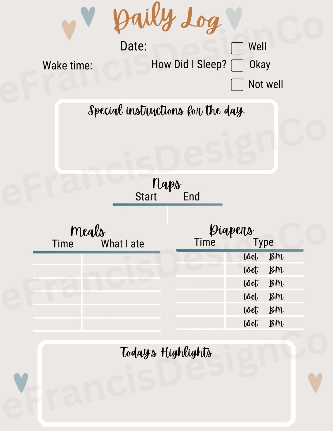 Daily Childcare Log - Etsy