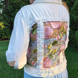 White Denim Jacket With Pink Rose Lace - Etsy