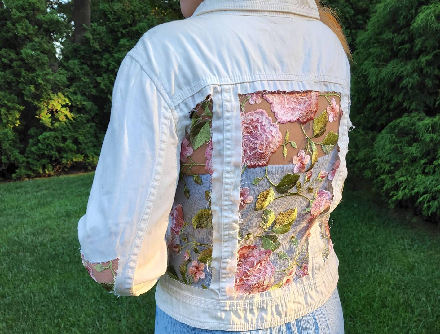 White Denim Jacket With Pink Rose Lace - Etsy