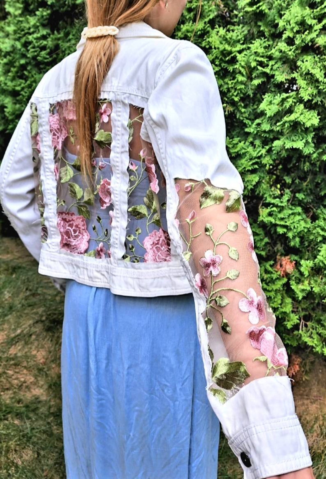 White Denim Jacket With Pink Rose Lace - Etsy