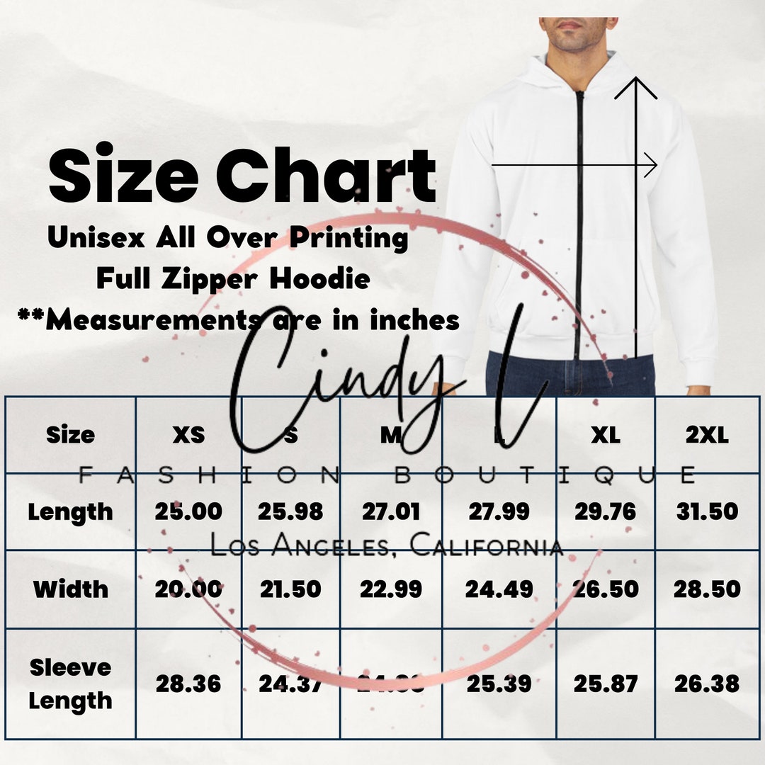AOP (all Over Printing) Unsex Full Zip Hoodie Printify Size Chart, MWW ...