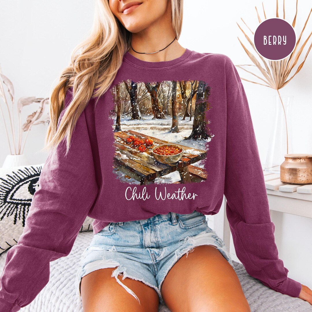 Chili Weather Comfort Colors Long Sleeve T-shirt, Snowy Comfy Warm Bowl ...