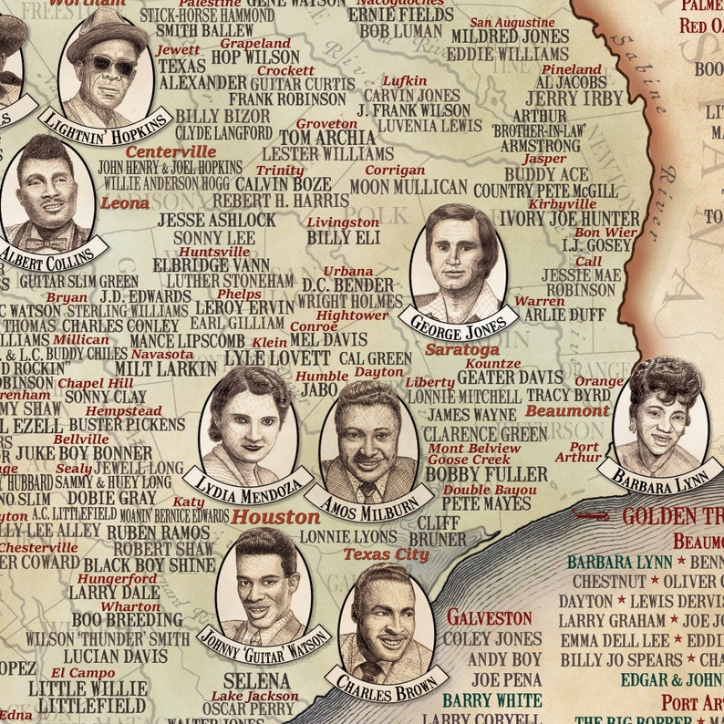 Texas Music Map - Birthplaces of 1000+ Native Musicians of Blues, Jazz ...