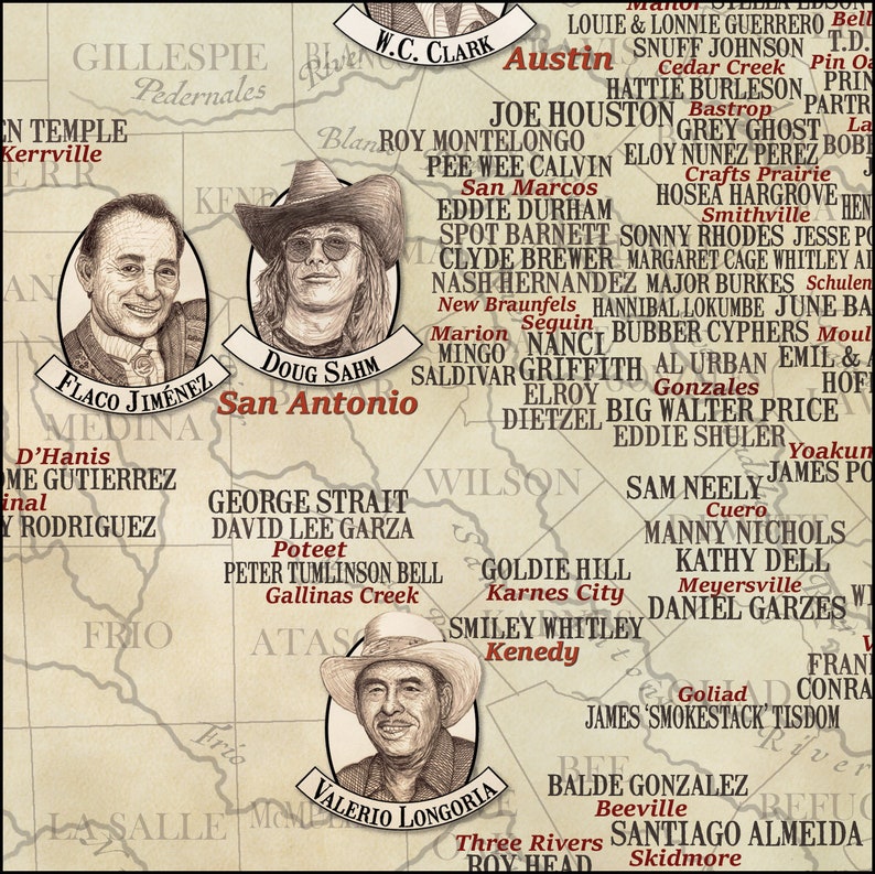 Texas Music Map - Birthplaces of 1000+ Native Musicians of Blues, Jazz ...