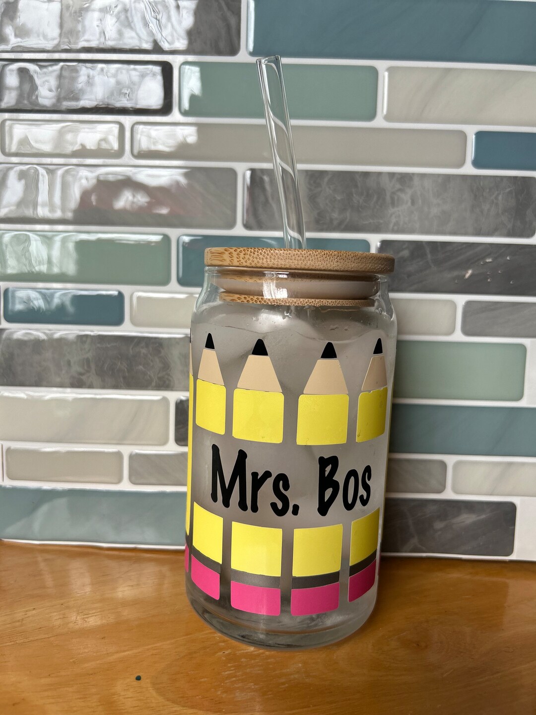 Personalized Color Change Pencil Vinyl 16 Oz. Glass Can Cup Comes With ...