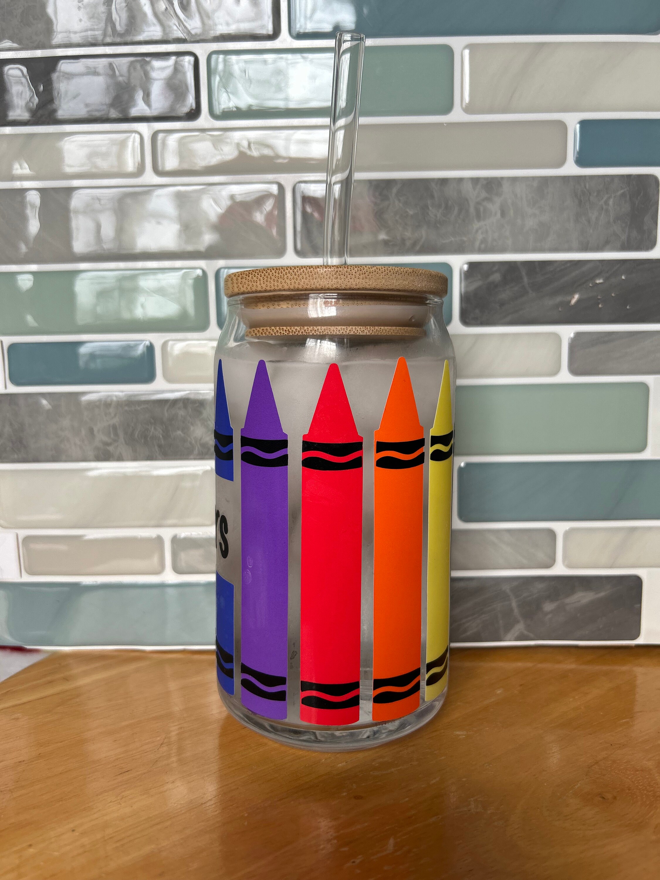 Personalized Color Change Crayon Vinyl 16 Oz. Glass Can Cup Comes With ...