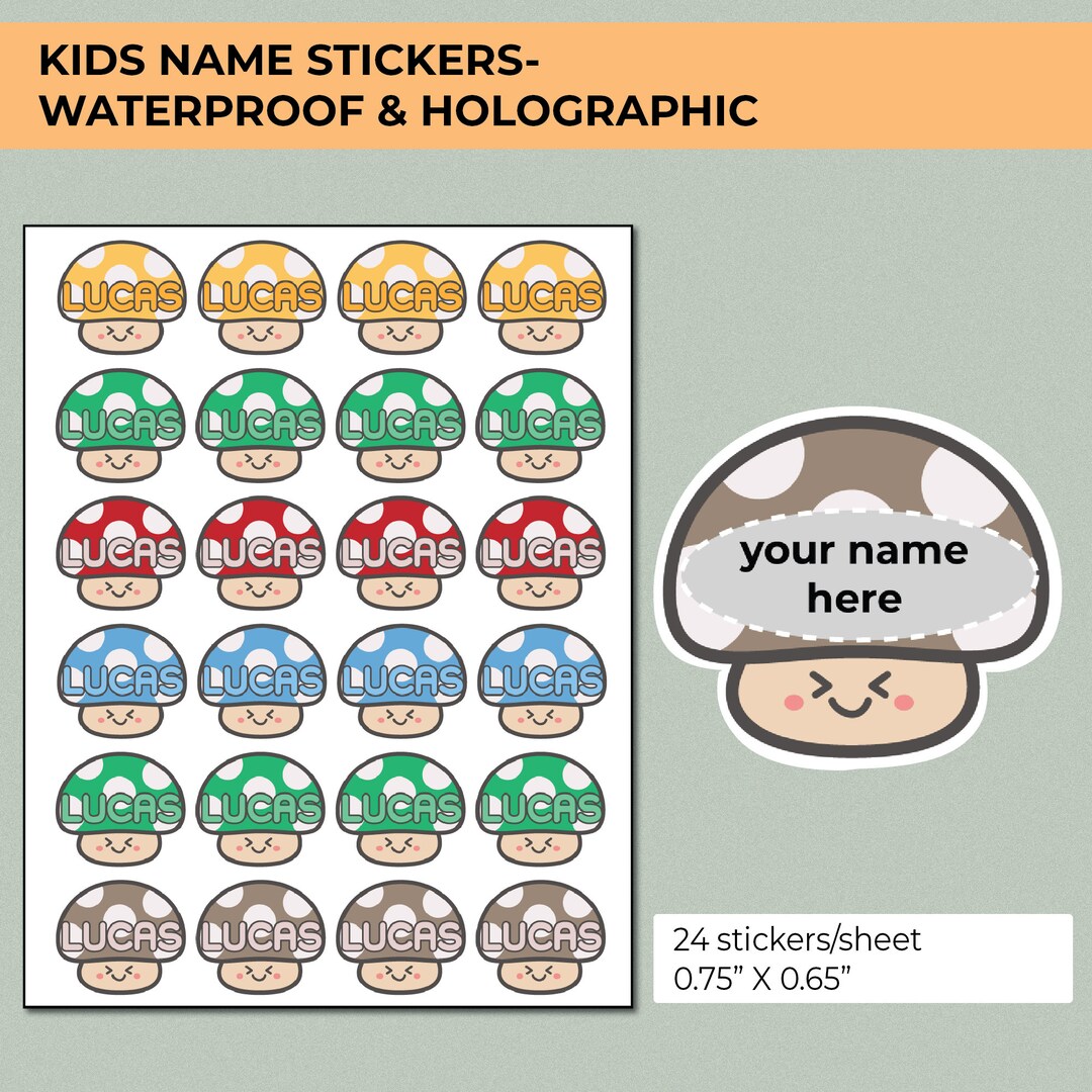 Kids Name Stickers . Name Label | Cute Mushroom Design With Waterproof ...