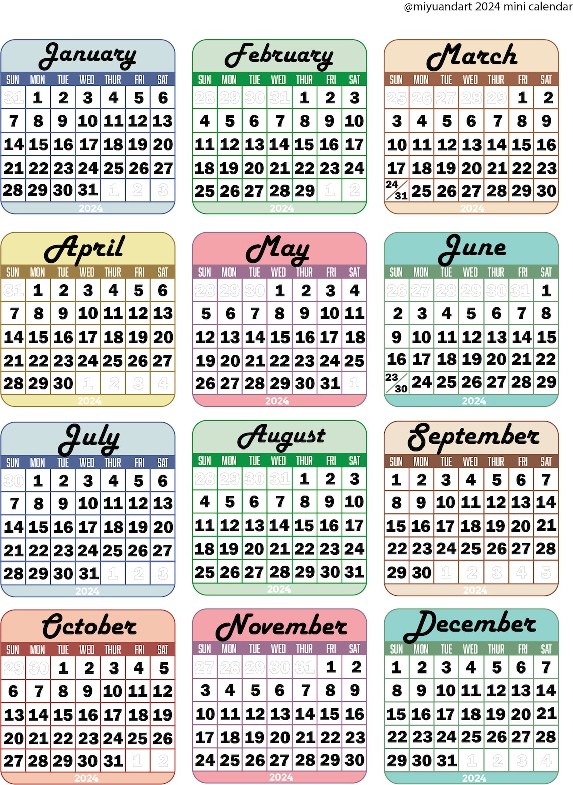 2024 MINI CALENDAR Colorful Square sun-sat .pdf .png .jpg Digital File ...