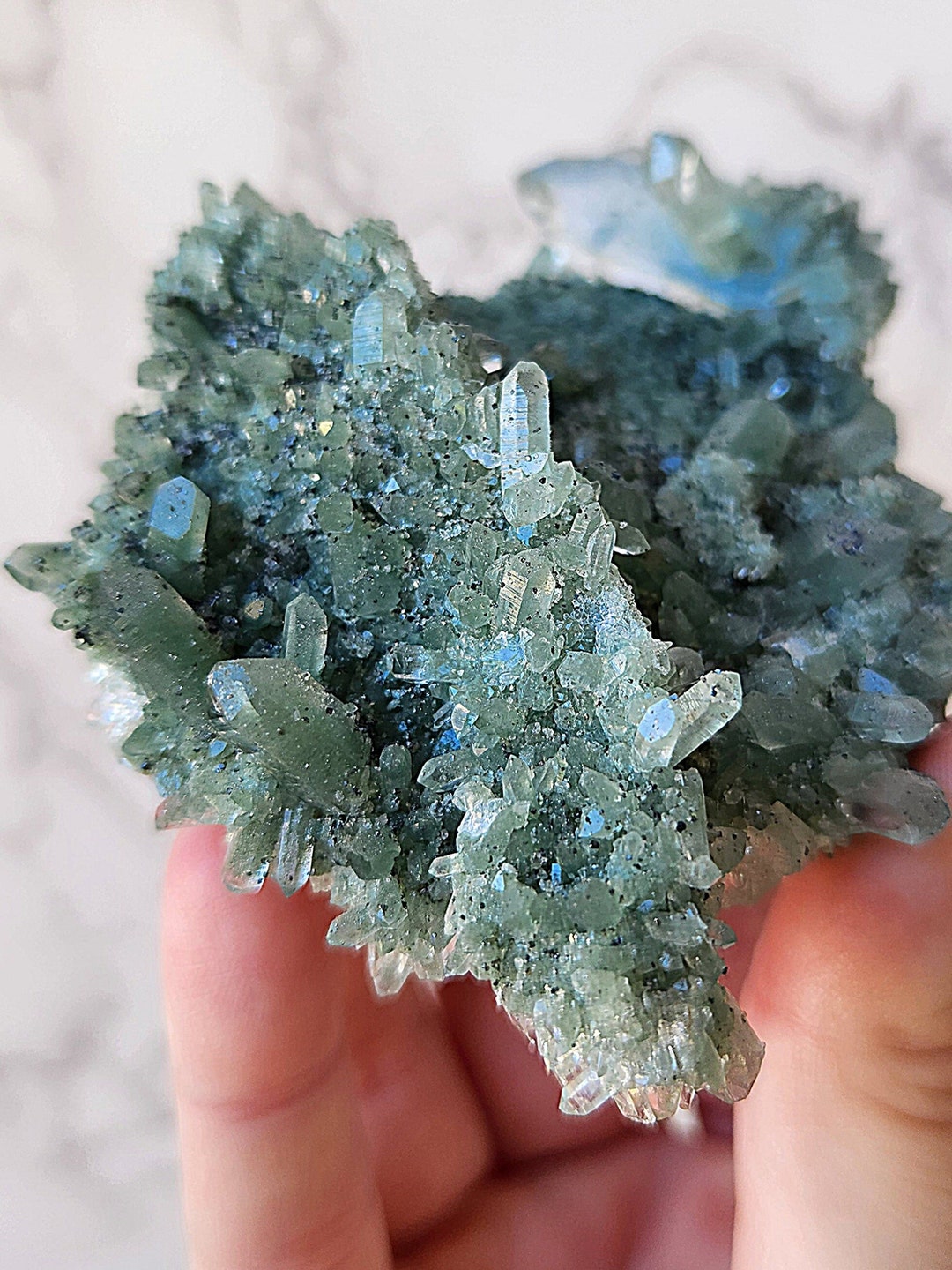 Rare Sparkly Himalayan Crystal Quartz Cluster W Green Chlorite Black
