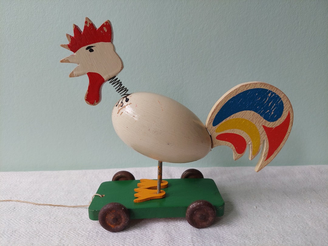 Vintage Wooden Pull Toy Rooster With Nodder Head. 50-60's? - Etsy
