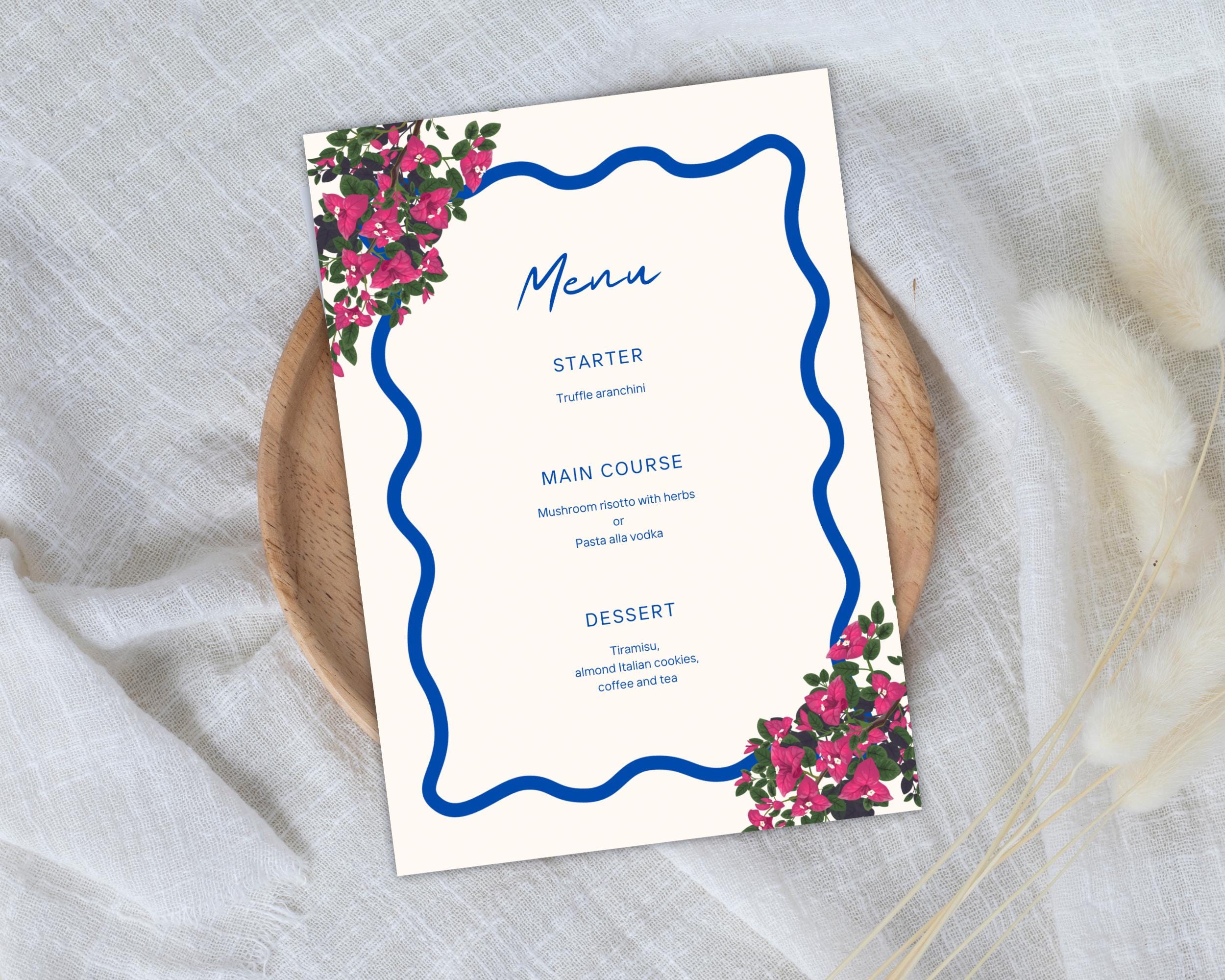 Greece Style Digital Menu, Printable Menu, Pink Floral Menu, Mykonos ...