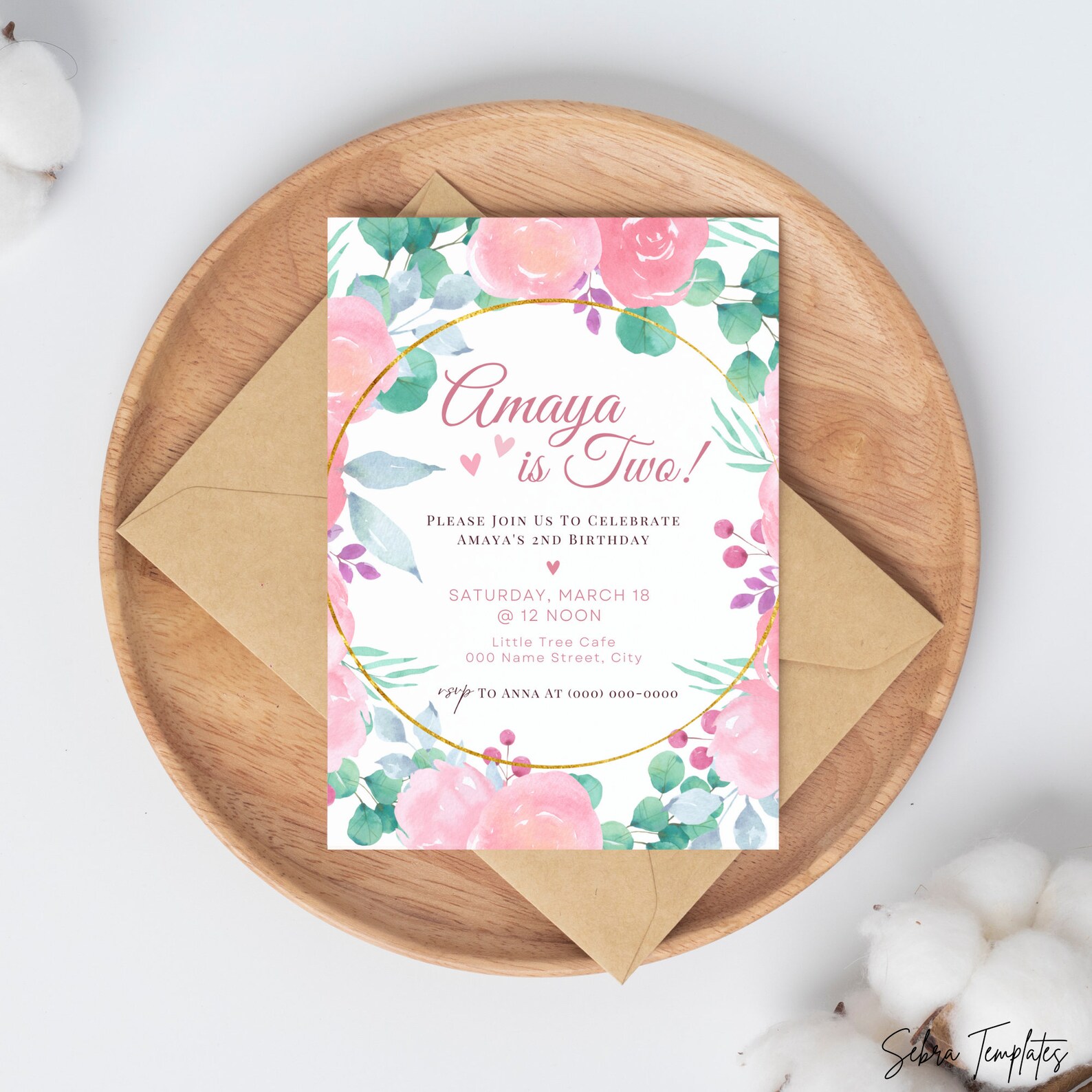 Floral Birthday Invitation, 2nd Birthday Invite, Pink Gold Invites ...