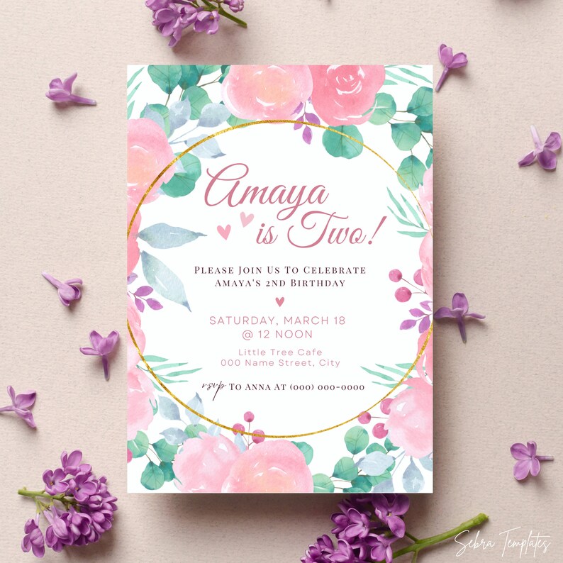 Floral Birthday Invitation, 2nd Birthday Invite, Pink Gold Invites ...