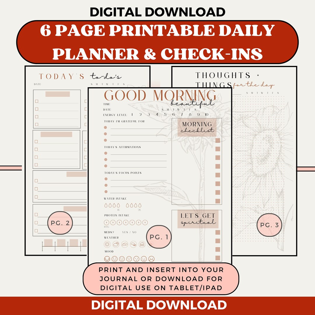 Printable OR Digital Daily Planner + Check-ins; 6 Pages: Morning, Noon ...