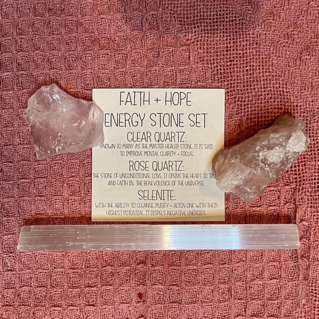Energy Stone Set for Faith + Hope: Clear Quartz, Rose Quartz + Selenite ...