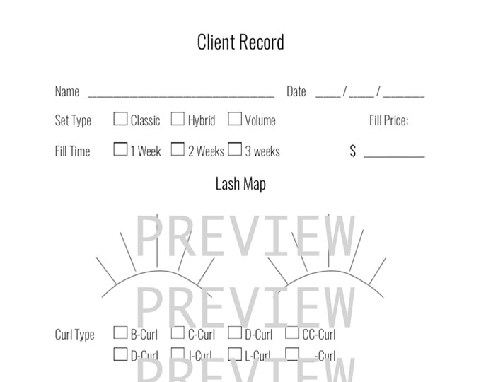 Lash Client Record Template, Editable Lash Mapping Printable Form ...