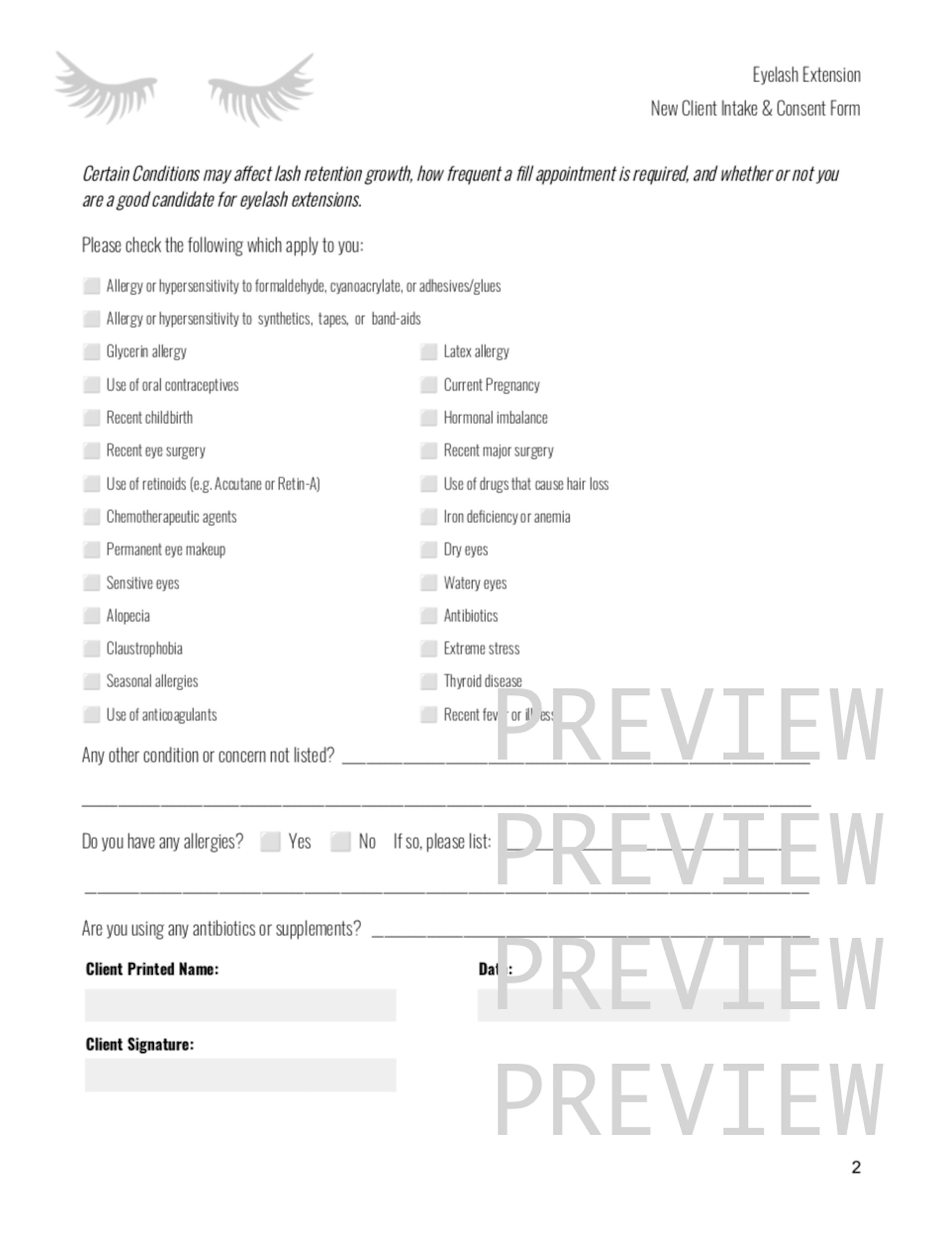 Eyelash Extension New Client Intake & Consent Form PDF Download for ...
