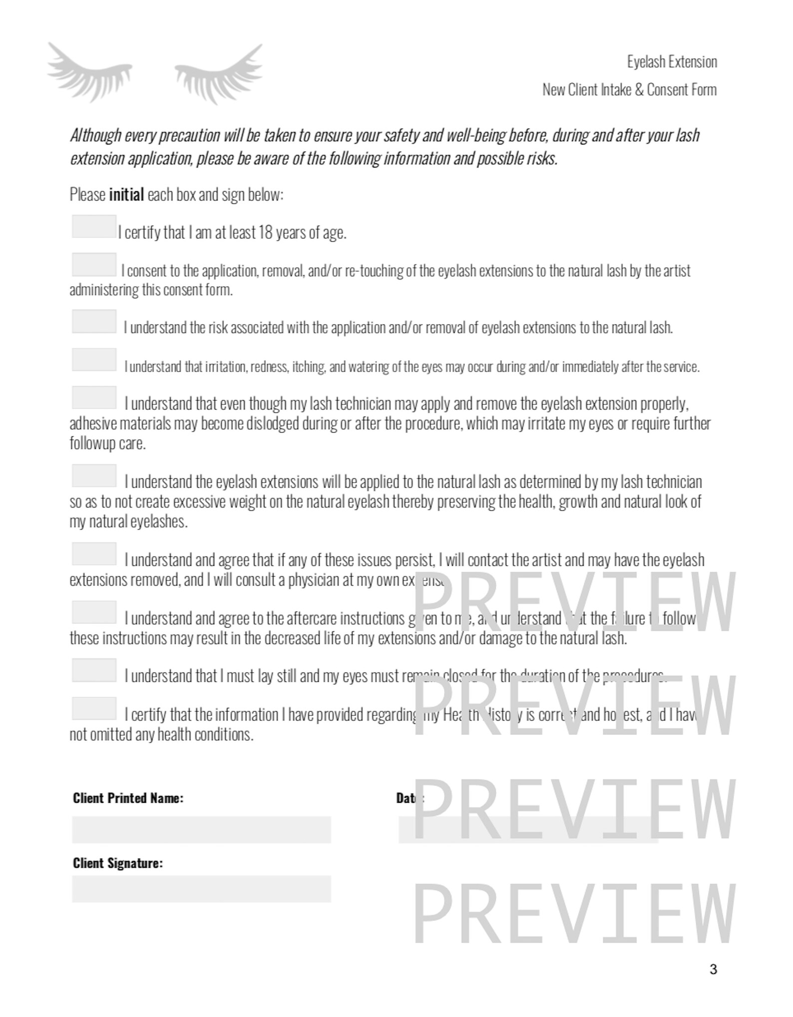 Eyelash Extension New Client Intake & Consent Form PDF Download for ...