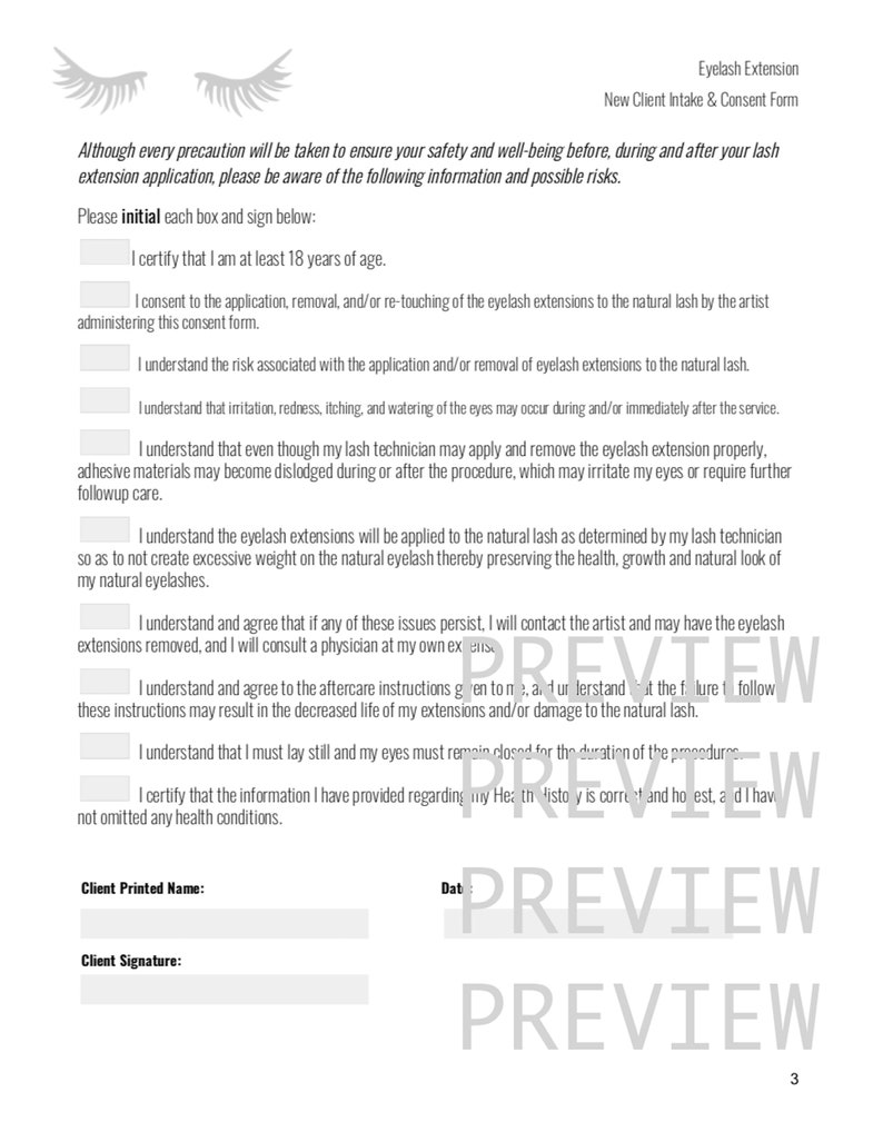 Eyelash Extension New Client Intake & Consent Form PDF Download for ...