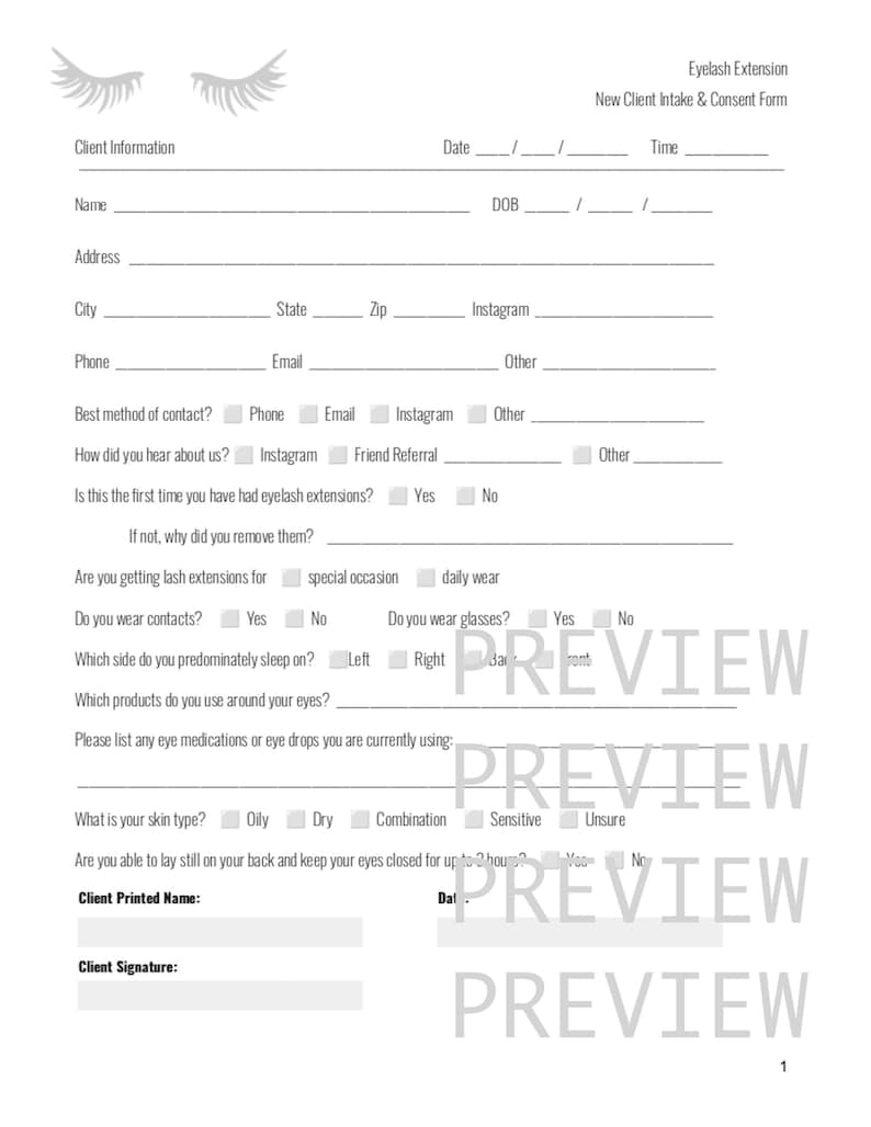 Eyelash Extension New Client Intake & Consent Form PDF Download for ...