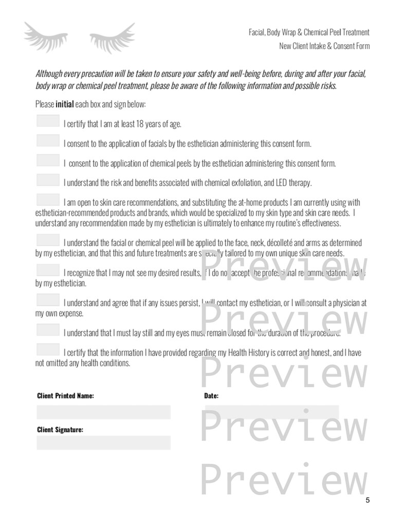 Facial, Body Wrap & Chemical Peel New Client Intake Form for ...