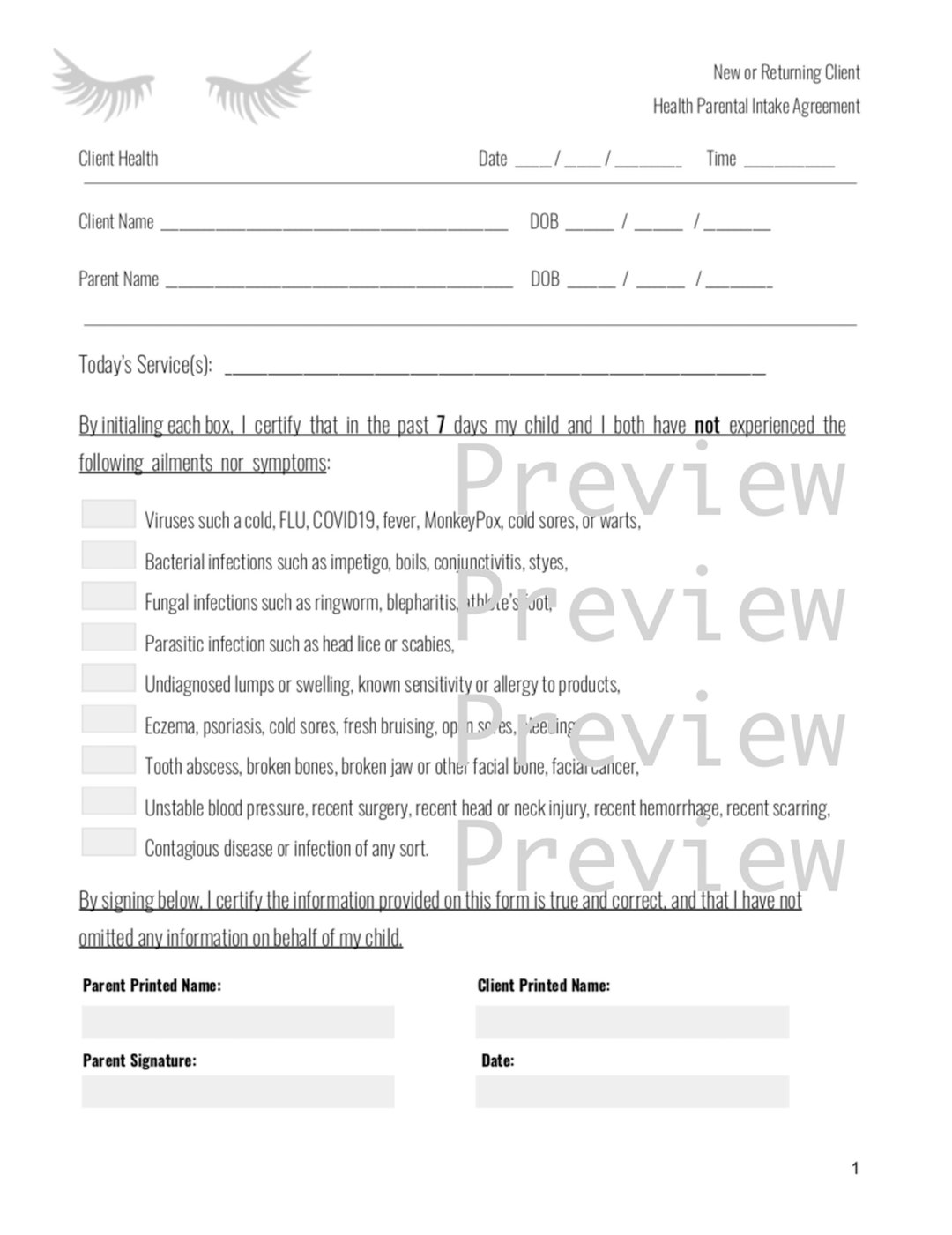 Parental Version Client Health Intake Agreement Form PDF Download for ...
