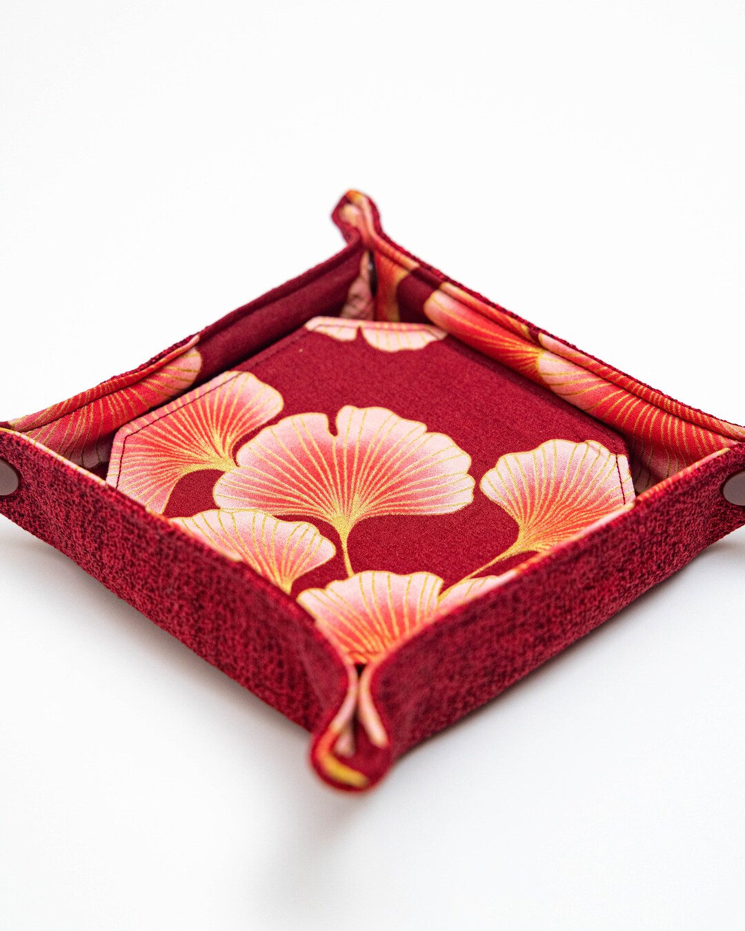 Red Ginkgo Leaves Coaster Set, Japanese & Hawaiian Fabric Coasters With Holder, Holiday Gift Set ...