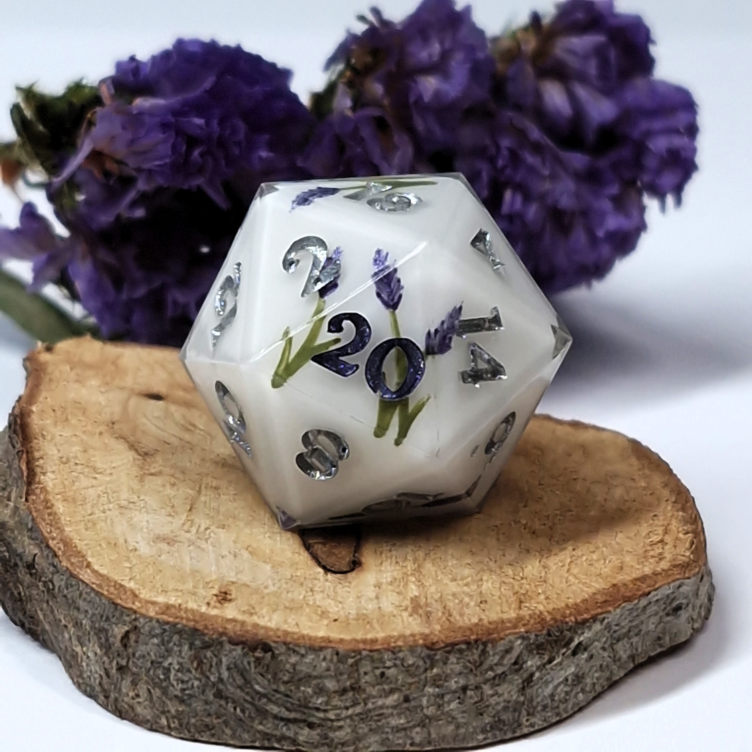 Lavender Vida Loca White, Handmade, Hand Painted Flowers, Polyhedral, Sharp Edge Dnd Tabletop ...