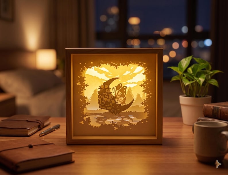 Butterfly Moon Papercut Light Box, 3D Shadow Box Lamp, Custom Wooden ...