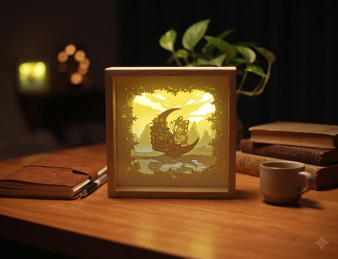 Butterfly Moon Papercut Light Box, 3D Shadow Box Lamp, Custom Wooden ...