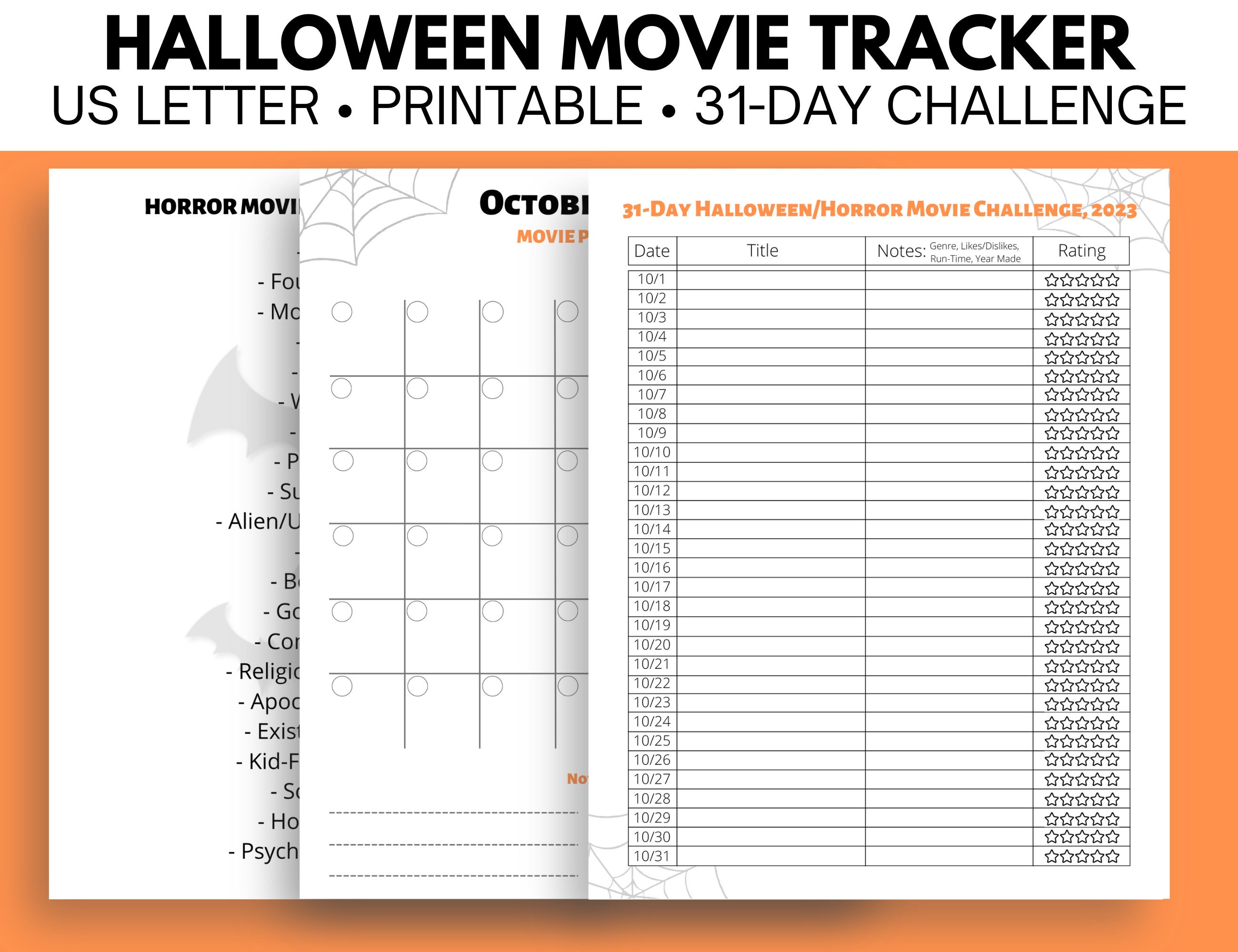 Printable Halloween and Horror Movie Tracker 31-day Challenge Movie ...