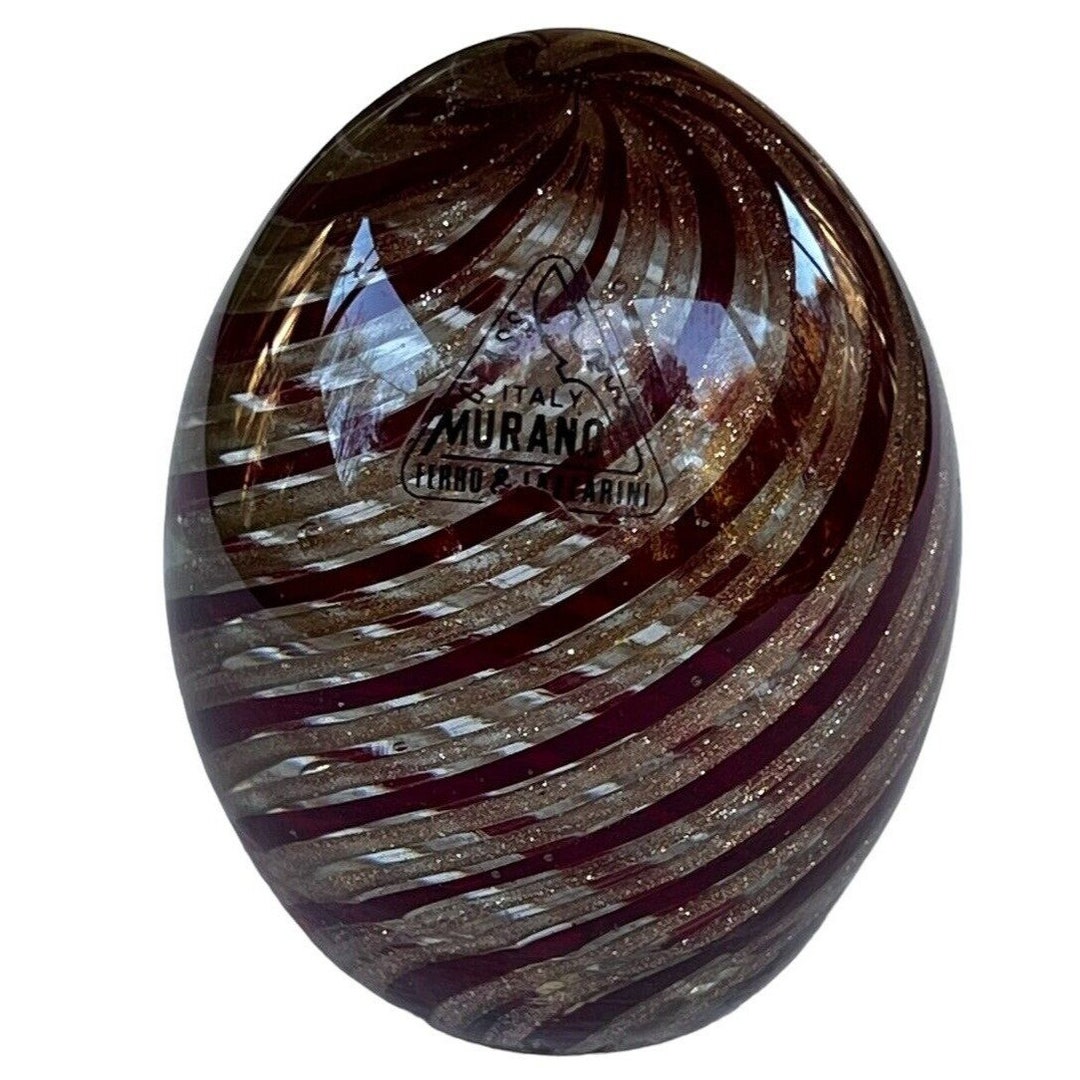 Murano Glass Egg Paperweight Ferro and Lazzarini Maroon & Gold Swirl W ...