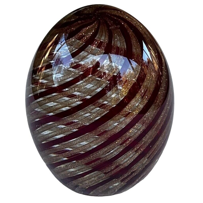 Murano Glass Egg Paperweight Ferro and Lazzarini Maroon & Gold Swirl W ...
