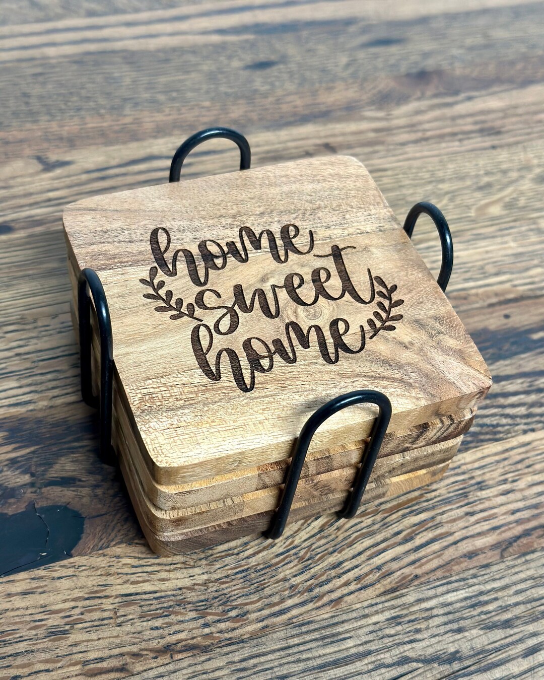 Custom Laser Engraved Wood Coasters set of 4 With Iron Holder - Etsy