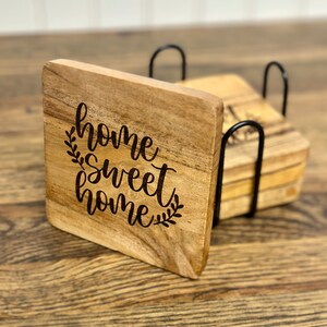 Custom Laser Engraved Wood Coasters set of 4 With Iron Holder - Etsy