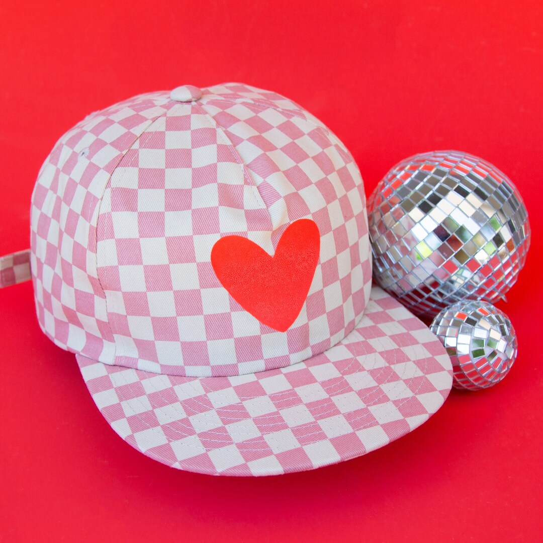 Aura Pink Checkered Hat | Heart Checkered Hat, Snap Back Hat, Retro Hat ...