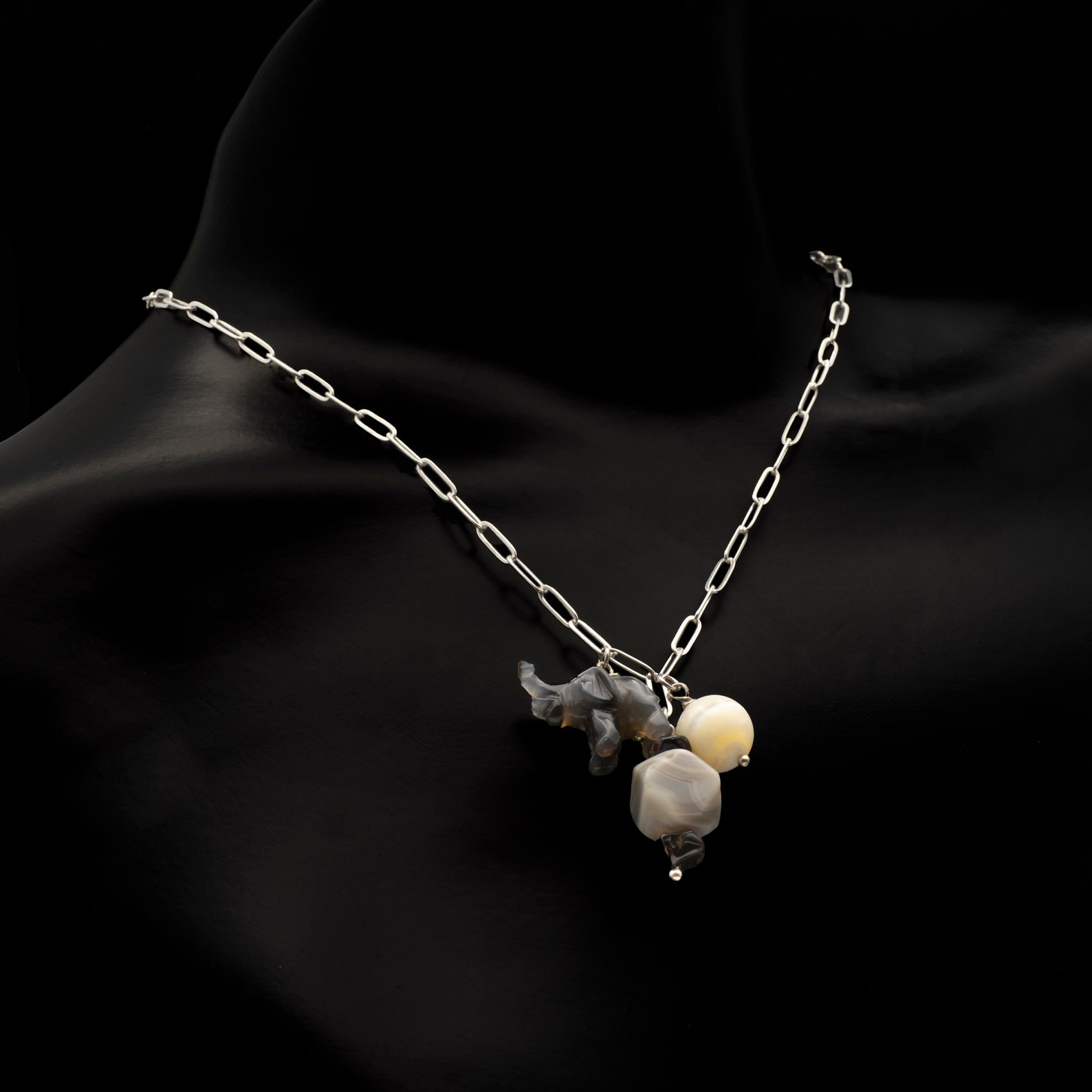 Hand Carved Fossil Gray Lucky Elephant Agate Charm Necklace / Vintage ...