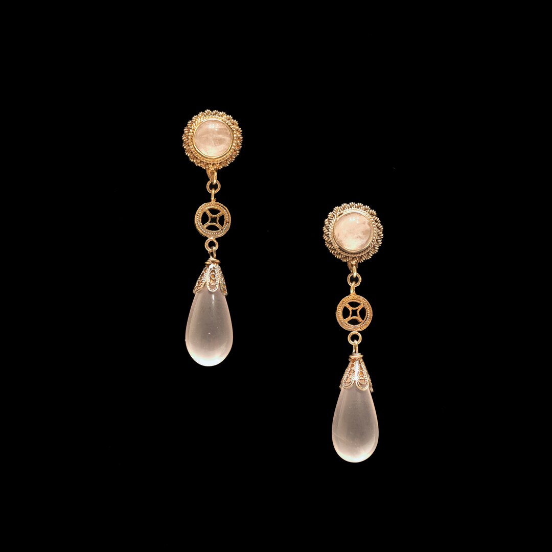 Chinese Export Gold Vermeil Natural Rose Quartz Filigree 14K Gold Post ...