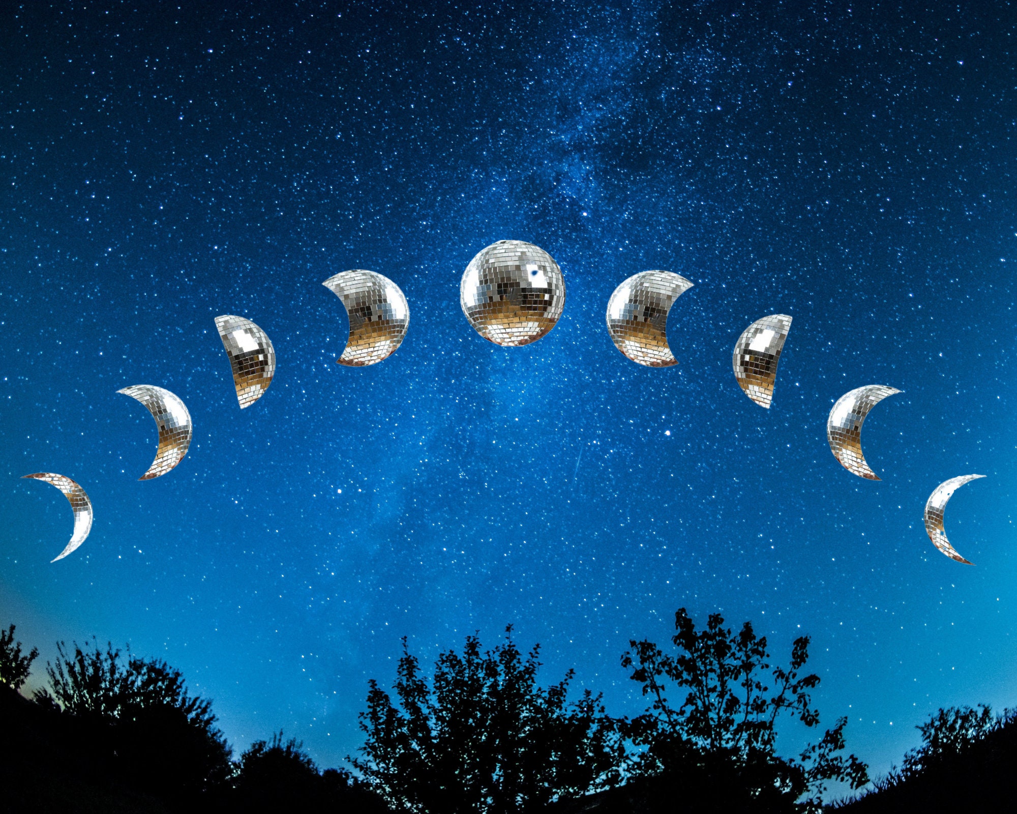 Groovy Mirror Disco Ball Moon Phases Wall Art Printable Bundle, Phase ...