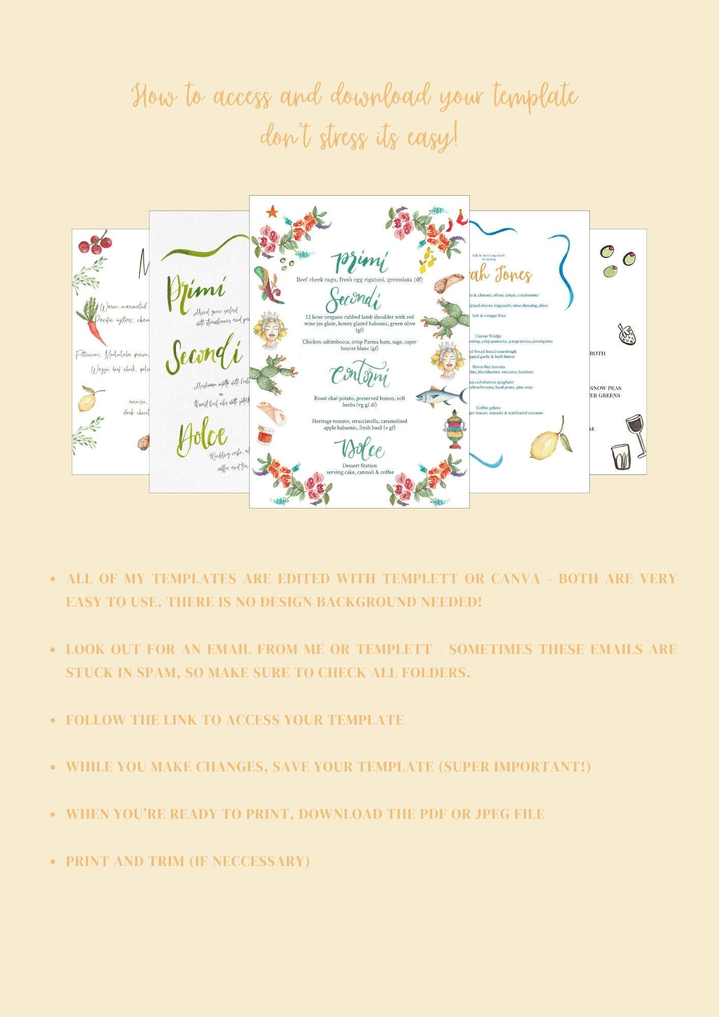 Italian Wedding Menu Template: Hand-painted Watercolor Design (digital ...