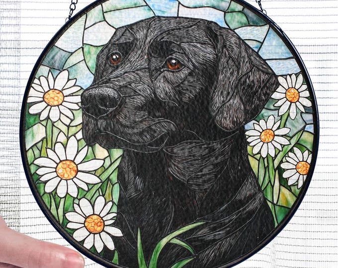 Black Labrador Stained Glass Suncatcher, Custom Black Labrador Portrait ...