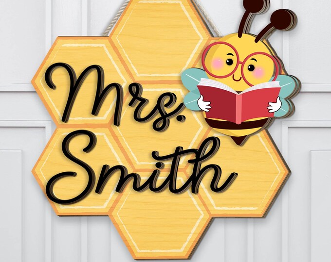 Custom Bee Teacher Name Sign, 3D Bee Teacher Door Hanger, Honeycomb ...
