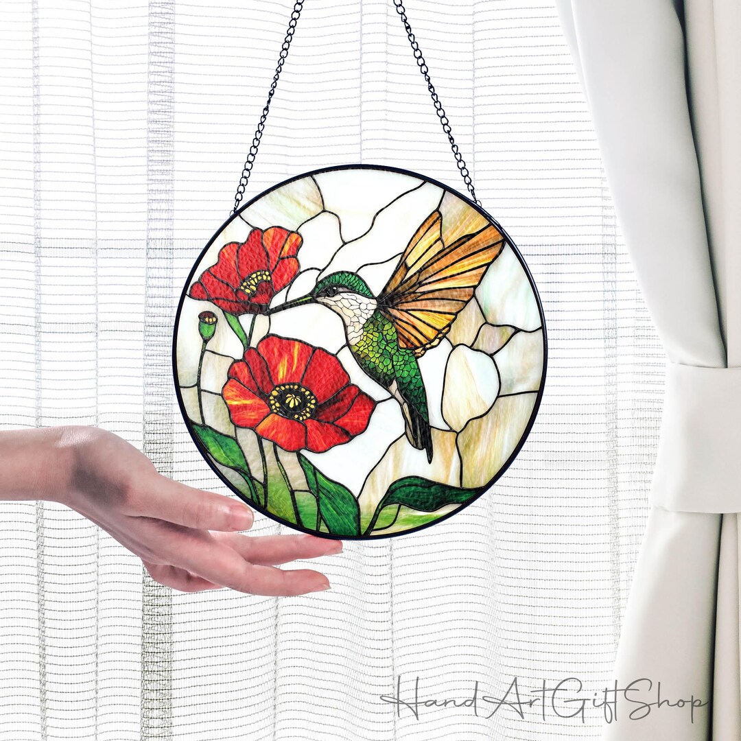 Hummingbird and Poppies Stained Glass Suncatcher, Hummingbird Window ...