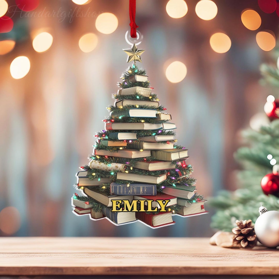 Personalized Christmas Book Tree Name Ornament, Custom Name Book ...