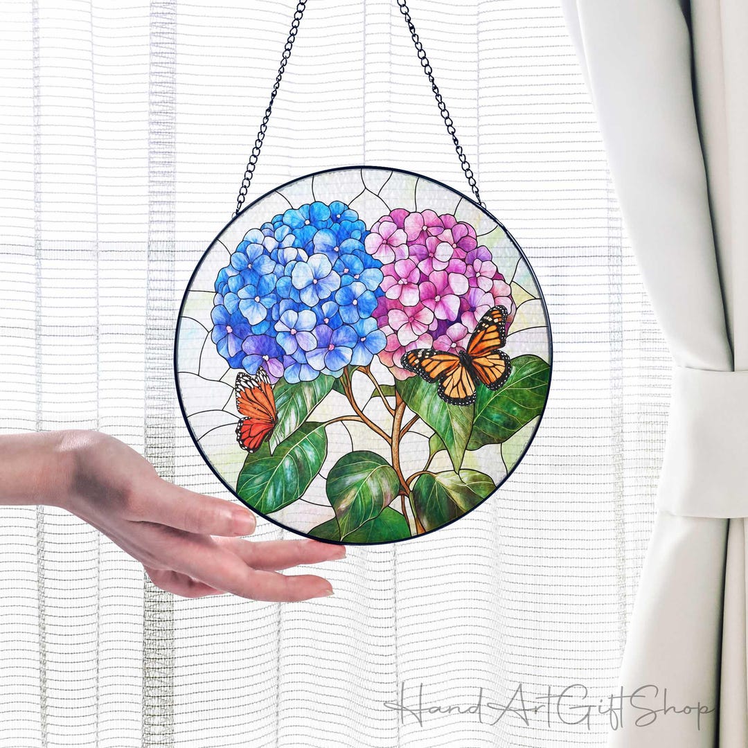 Blue and Pink Hydrangea Stained Glass Suncatcher, Hydrangea With ...