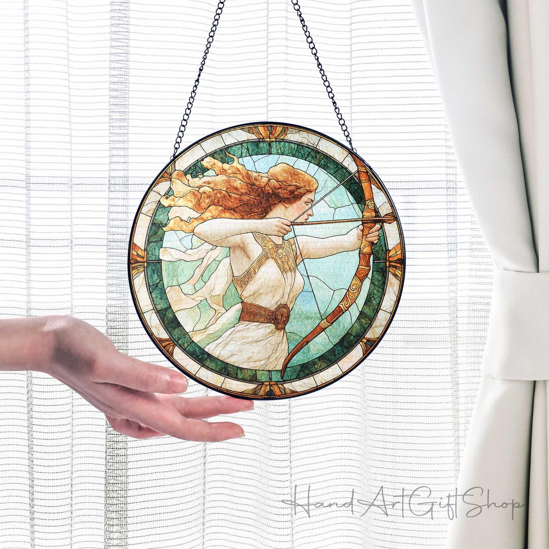 Artemis With Bow and Arrow Stained Glass Suncatcher, Greek Goddess ...