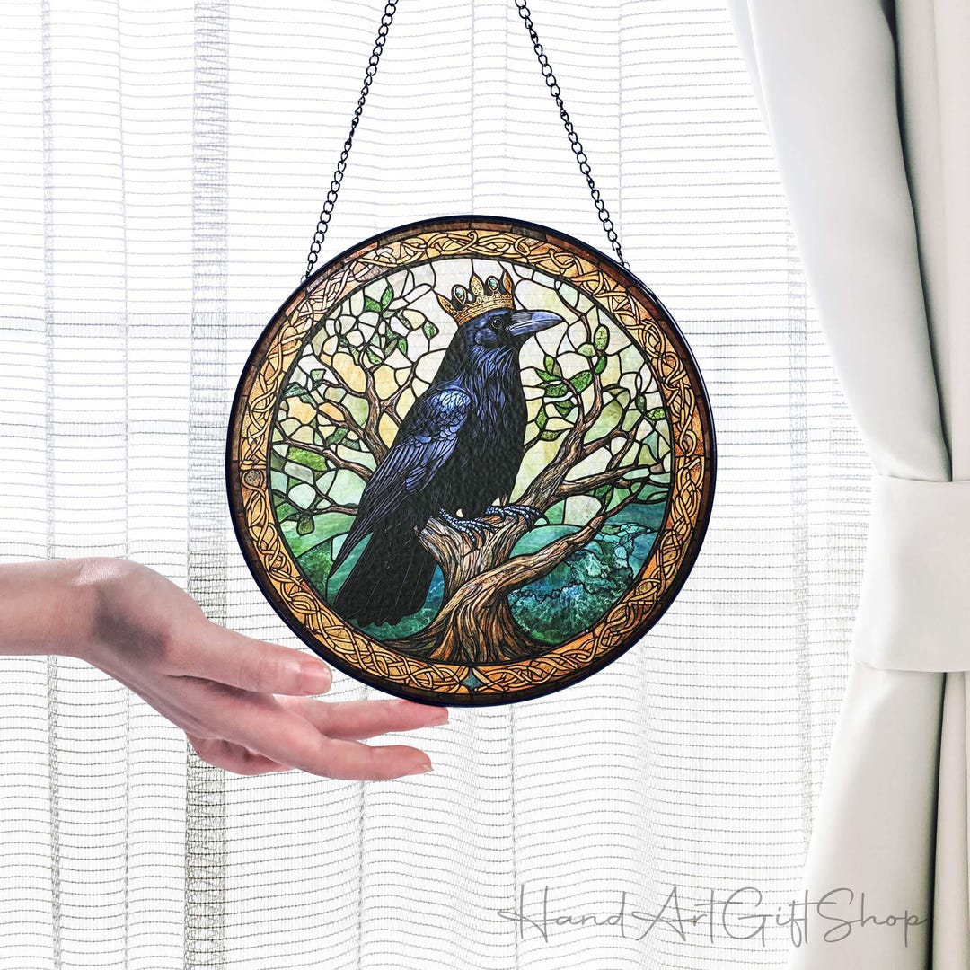 King Raven Stained Glass Suncatcher, Celtic Raven Light Catcher Window ...